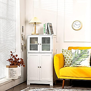 Tangkula Bathroom Floor Cabinet, Freestanding Storage Cabinet w/Glass Doors, Wooden Kitchen Cupboard w/Adjustable Shelf, Bathroom Storage Cabinet for Hallway Living Room Office (Cabinets, White)