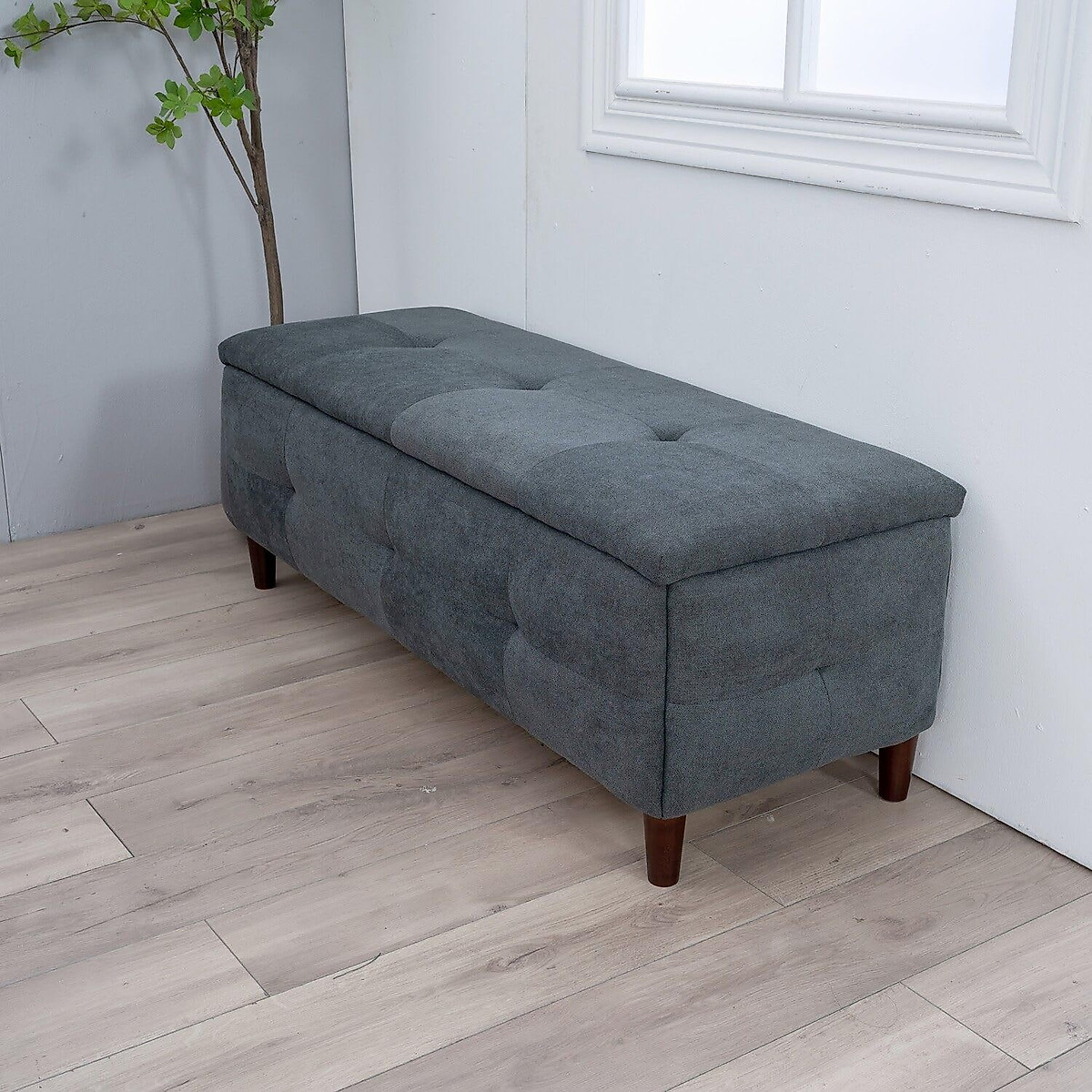 Panana Rectangle Tufted Lift Top Storage Ottoman Bench, Footstool with Solid Wood Legs Upholstered Storage Bench, Gray Linen Fabric