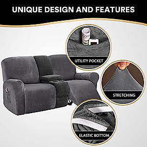 PrinceDeco 6-Pieces Recliner Loveseat Covers Velvet Stretch Recliner Couch Covers Sofa Covers for 2 Seat Dual Reclining Loveseat Couch 2 seat Love seat Recliner Cover, Thick, Soft, Washable, Grey