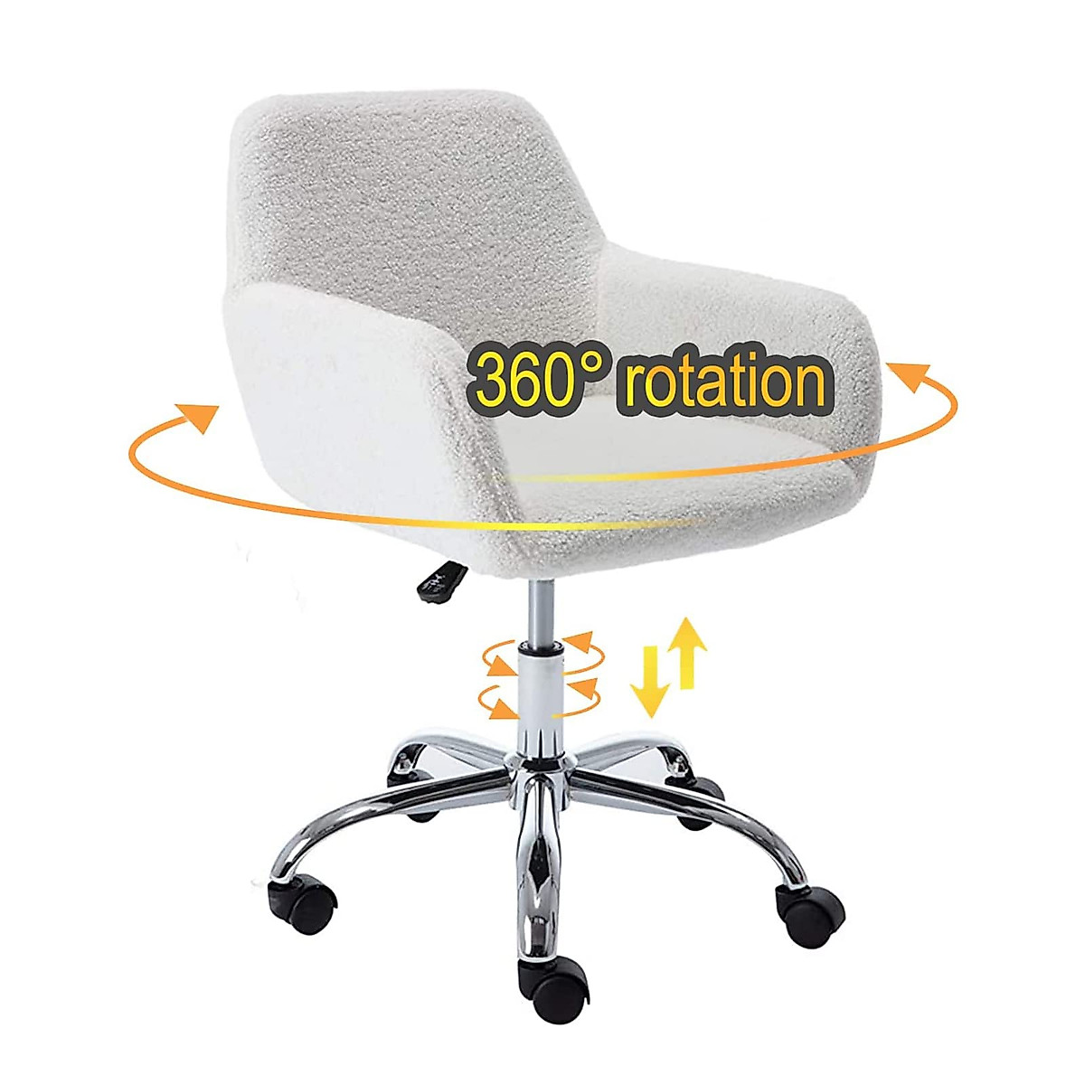 Goujxcy Fluffy Desk Chair, Faux Fur White Vanity Chair Swivel Office Chair for Girls Women, Height Adjustable Cute Teddy Furry Makeup Chairs for Bedroom Home Office