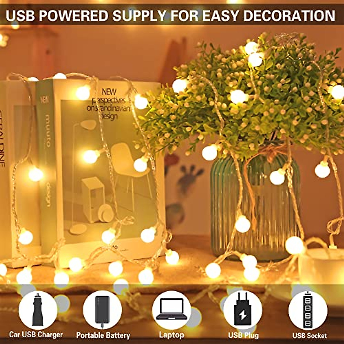 Globe String Lights, 54 FT 100 LED USB Fairy Lights Plug in, 8 Modes Twinkle Lights Waterproof with Remote and Timer for Bedroom Indoor Outdoor Garden Patio Wedding Christmas Party Decor (Warm White)