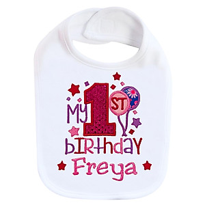 Fantasy Kids Designs First Birthday Baby Girl Bib Balloons Personalized with Custom Name (White Bib/Hot Pink)