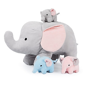 WEIGEDU Elephant Stuffed Animals for Girls Boys Birthday Playmate Gifts- 4 in 1 Plush Toy Mommy Elephant PlaySet with 3 Babies Doll Surprise Toys, 14 inches