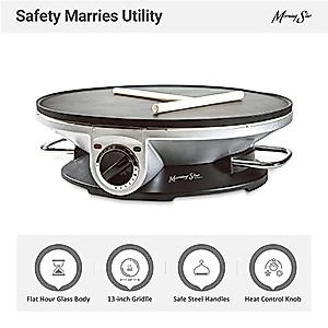 Morning Star Electric Crepe Maker Machine with 13-inch Non-stick Griddle Ideal for Pancakes, Eggs, Tortillas, & Lefse with Batter Spreader and attached Handle Crepes Maker