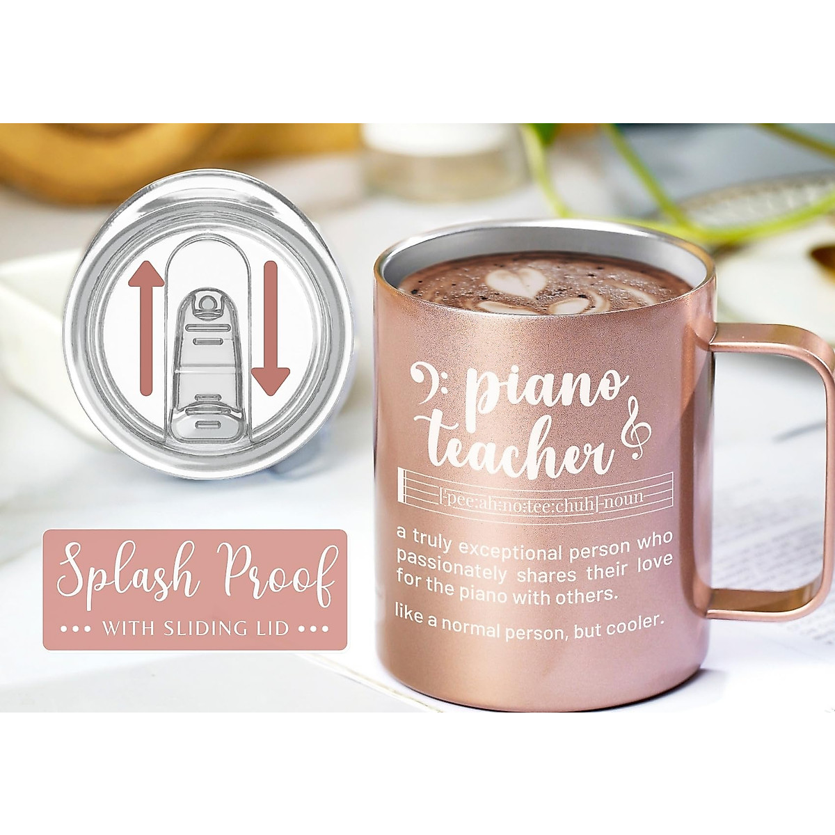 Onebttl Piano Teacher Gift for Women, 12oz/350ml Stainless Steel Insulated Coffee Mug with Lid - Rosegold