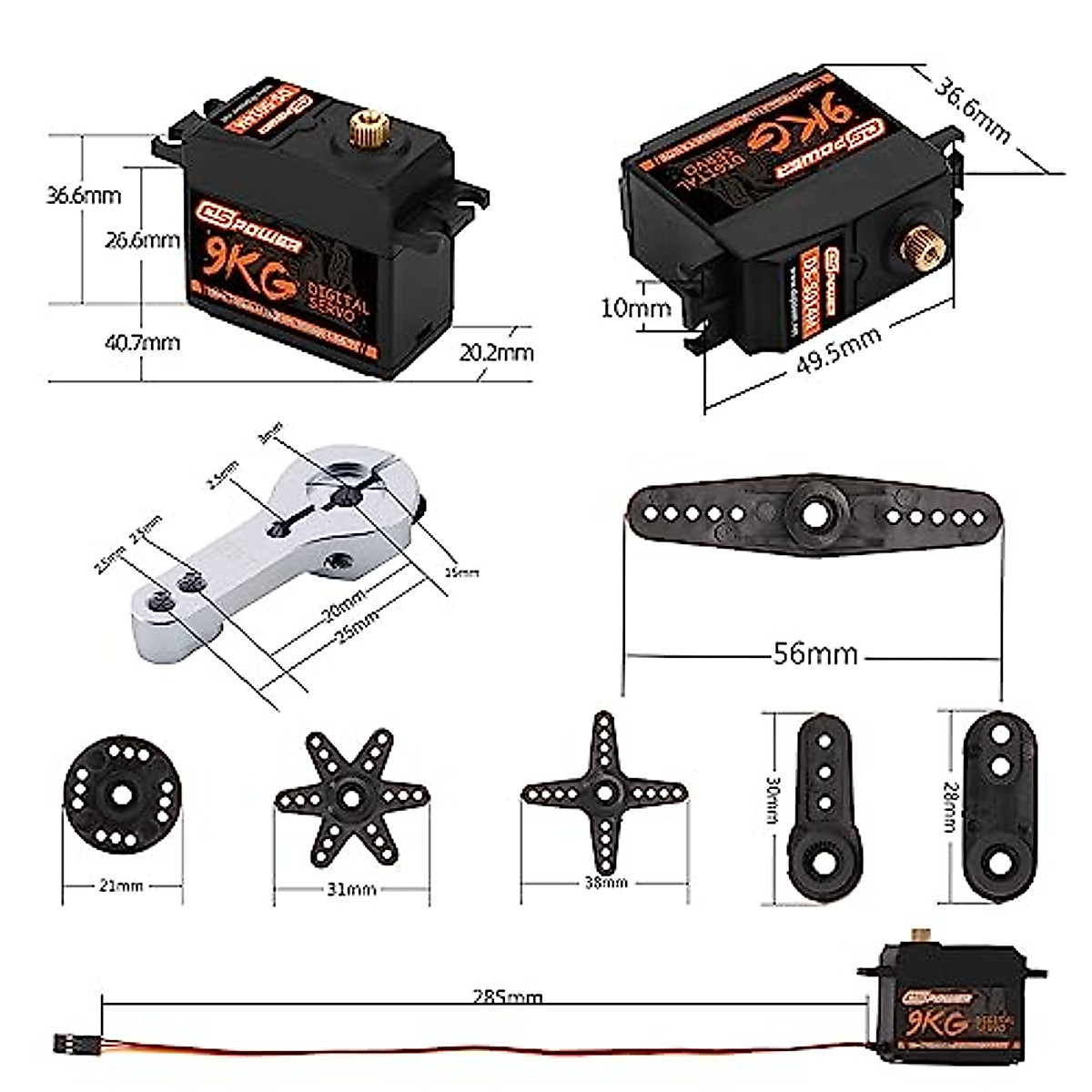 DSPOWER 9KG Waterproof Plastic Digital Servo Metal Gear High Torque Motor Servos with 25T Servo Horn for 1/8 1/10 1/12 RC Drift Car On Road Off Road Buggy Baja Boat Drones Aircraft Helicopter Robot.