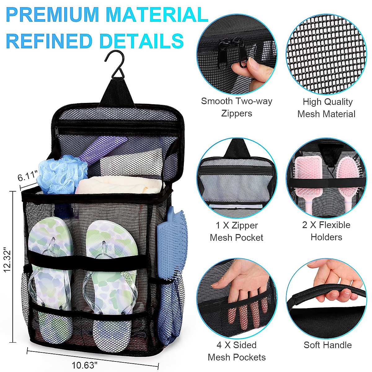 Dorm Room Essentials for College Students Girls Boys Guys, Large Capacity Mesh Shower Caddy Portable with Hanging Hook, Quick Dry Shower Bag for Camping, Beach Essentials, Birthday Gifts for Women Men