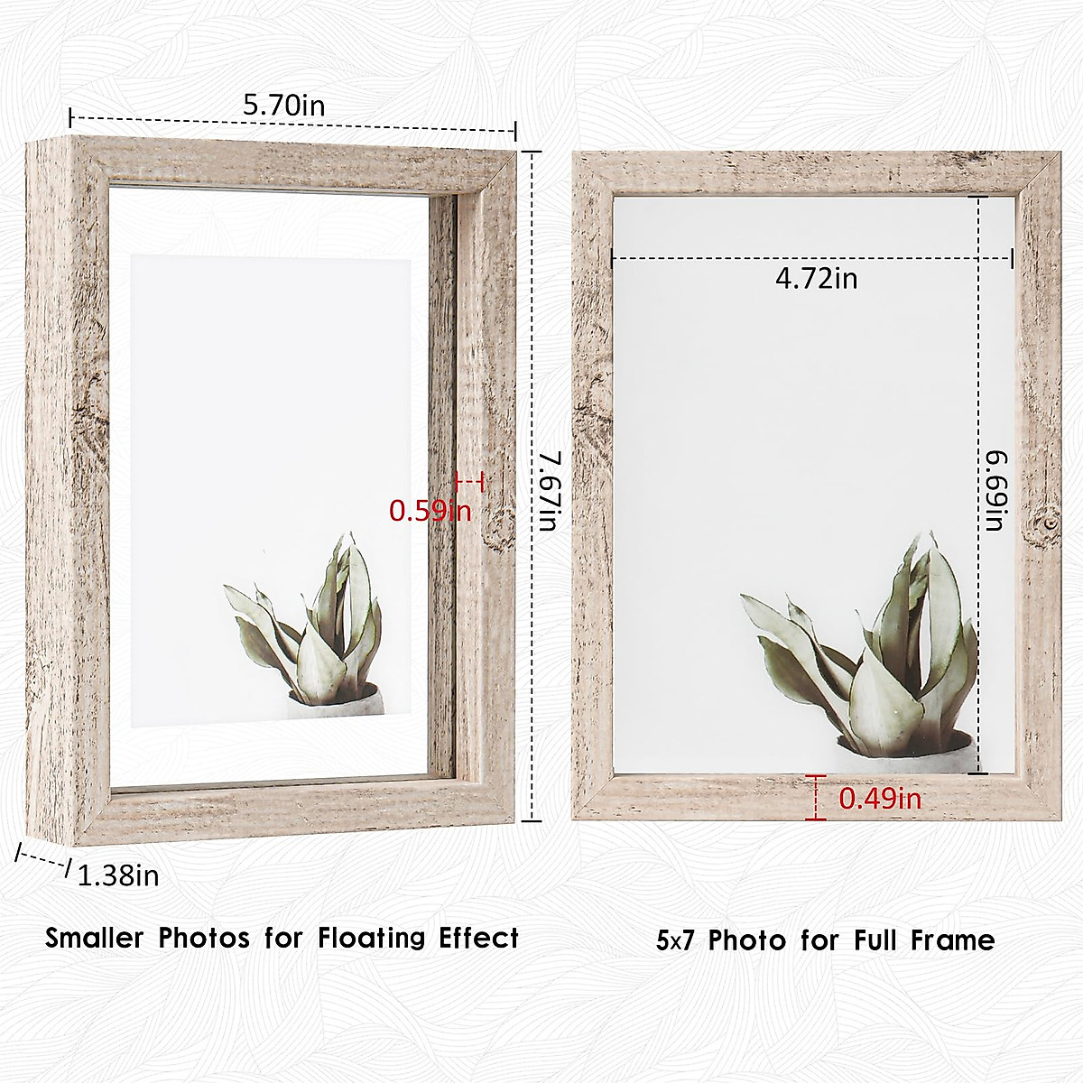 MUYE 5x7 Floating Frames Distressed Beige White Wood Pattern,Double Glass Picture Frame Display Any Size Photo up to 5x7,Wall Mount or Tabletop,2 Pack