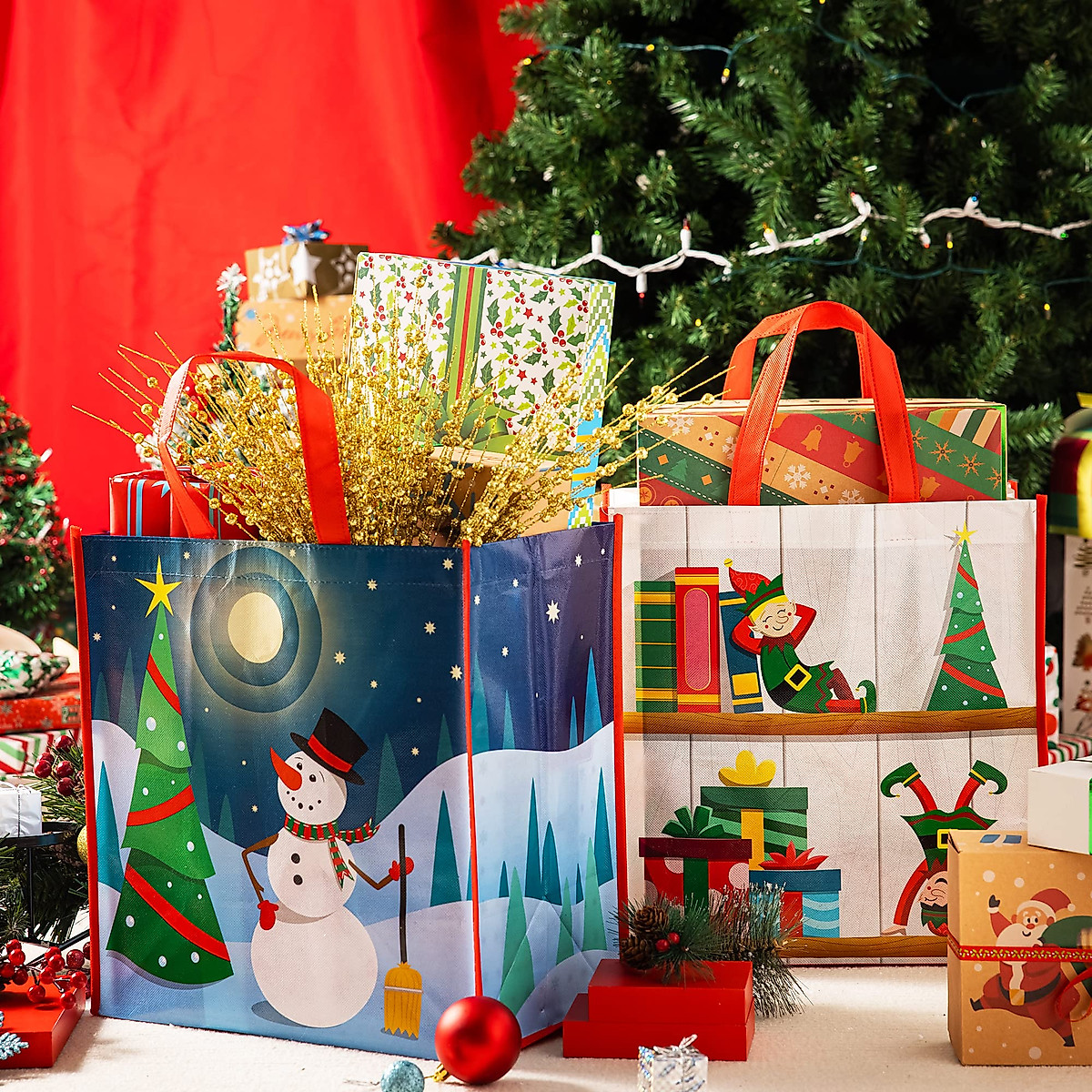 JOYIN 12 PCS 13.75" x 14" Christmas Large Tote Bags Holiday Reusable Grocery Bags for Classroom Party Favor Supplies