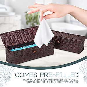 Freshends Powder Room Basket with Lid plus 80 Personal Wipes — Storage for Wipes and Household Items, Bathroom Counter Organizer, Wicker Baskets for Organizing - (Mahogany, Gray)