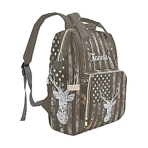 American Flag Deer Camo Brown Diaper Bags with Name Waterproof Mummy Backpack Nappy Nursing Baby Bags Gifts Tote Bag for Women