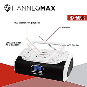 HANNLOMAX HX-509R Portable AM/FM Radio, Bluetooth, USB/SD Slot for MP3 Playback, Aux-in, AC/DC Dual Power Source. (White)