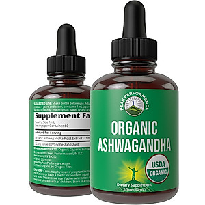 Ashwagandha Liquid Drops. USDA Organic Vegan Supplement. Extra Strength Ashwagandha Root Extract For Women, Men, Kids. With Adaptogens. Zero Sugar, Organic, Gluten Free Tincture Supplements.