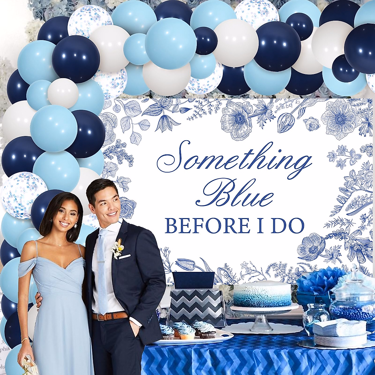 JOYMEMO Something Blue Before I Do Bridal Shower Decorations for Women, Blue and White Balloons Garland Arch Kit with Blue Flower Party Backdrop, I Do Diamond Ring Balloon, Bachelorette Party