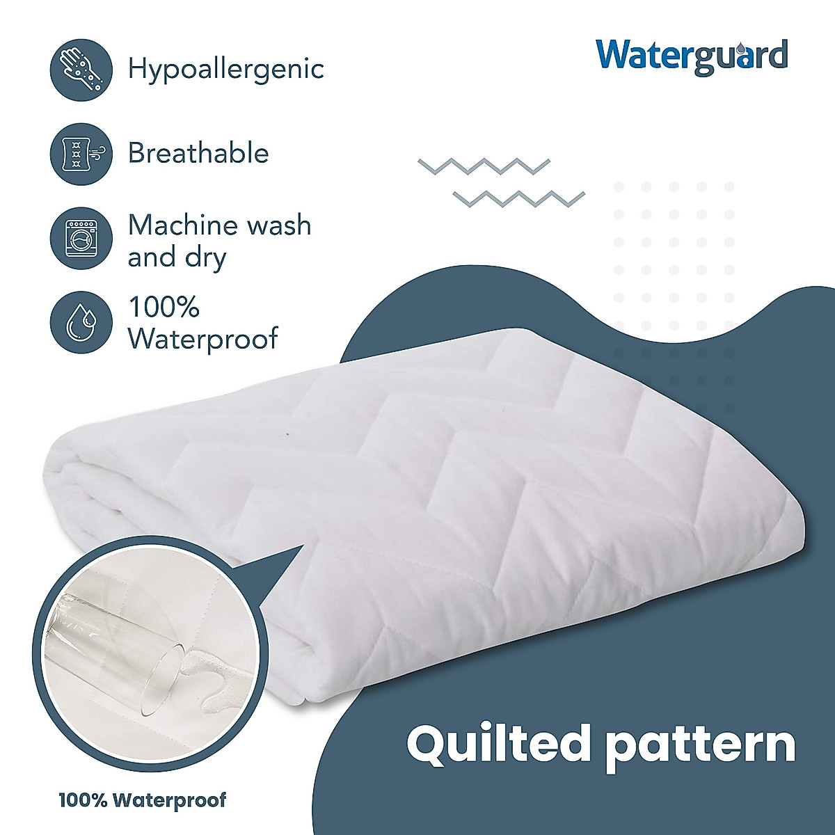 Waterguard Quilted Cotton Mattress Pad - Crib Size - Soft, Comfortable, and Fluffy Mattress Pad - Waterproof Mattress Protector Stretched 7" for Snug Fit on Regular Sized Mattress.