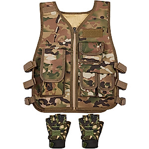 SATINIOR Kids Tactical Vest Army Combat Vest Outdoor with Half Finger Fingerless Short Gloves Breathable (Camouflage Style)