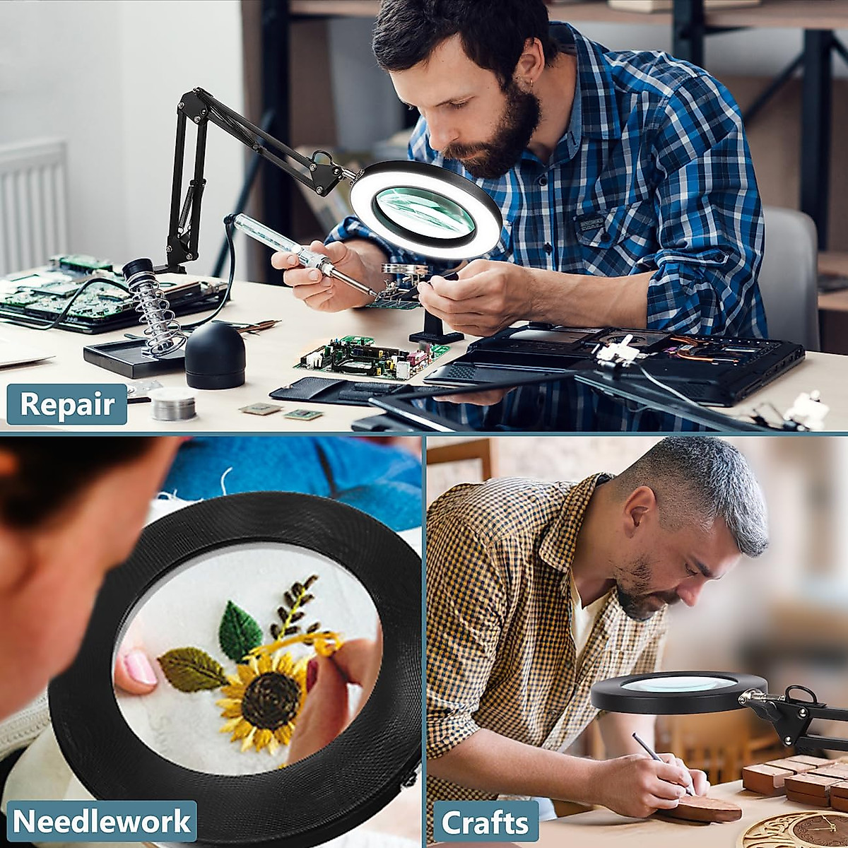 10X Magnifying Glass with Light and Clamp, Veemagni 3 Color Modes Stepless Dimmable Real Glass LED Lighted Magnifier, Adjustable Swing Arm Desk Lamp Hands Free for Close Works Crafts Repairing Sewing