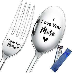 HSSPIRITZ 2 Pieces I Love You More Funny Engraved Stainless Spoon Fork Set,Restaurant Dinner Spoon Fork With Gift Box for Boyfriend,Girlfriend,Husband,Wife,Anniversary,Valentines Mothers Day Gifts