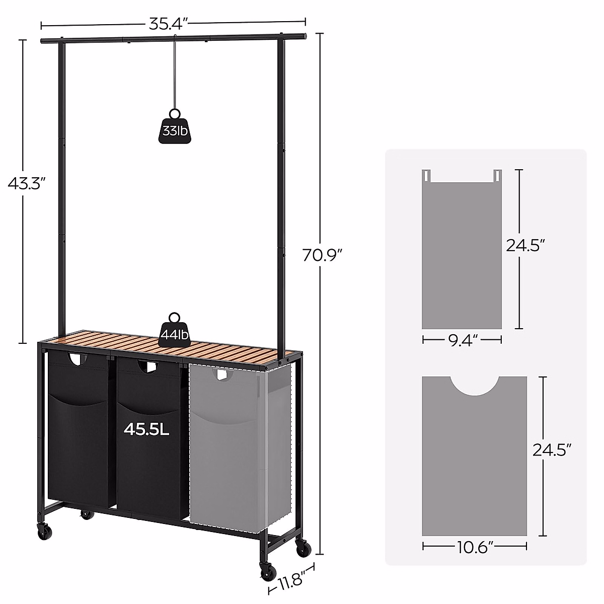 YATINEY Laundry Sorter, Laundry Hamper with Hanging Rack, Laundry Sorter 3 Section, Laundry Basket with Wheels, Hampers for Laundry, Laundry Basket Organizer for Laundry Room, Rustic Brown LS37BR