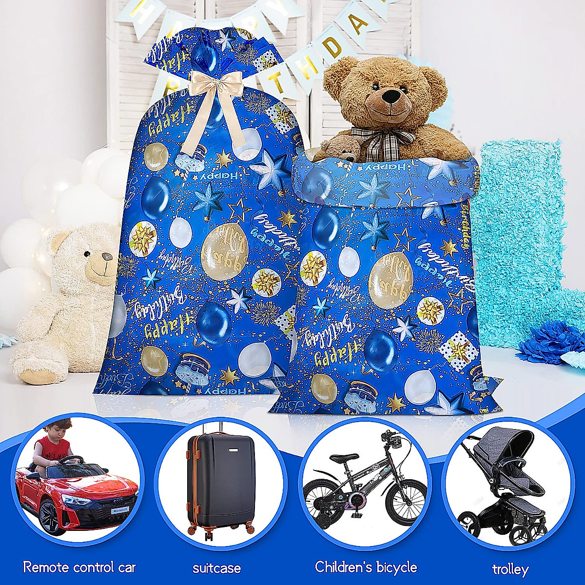 Extra Large Jumbo Giant Huge Gift Bag Blue Plastic Oversized Present Wrapping Bag (48" 1Pack) for Boys Men and Kids