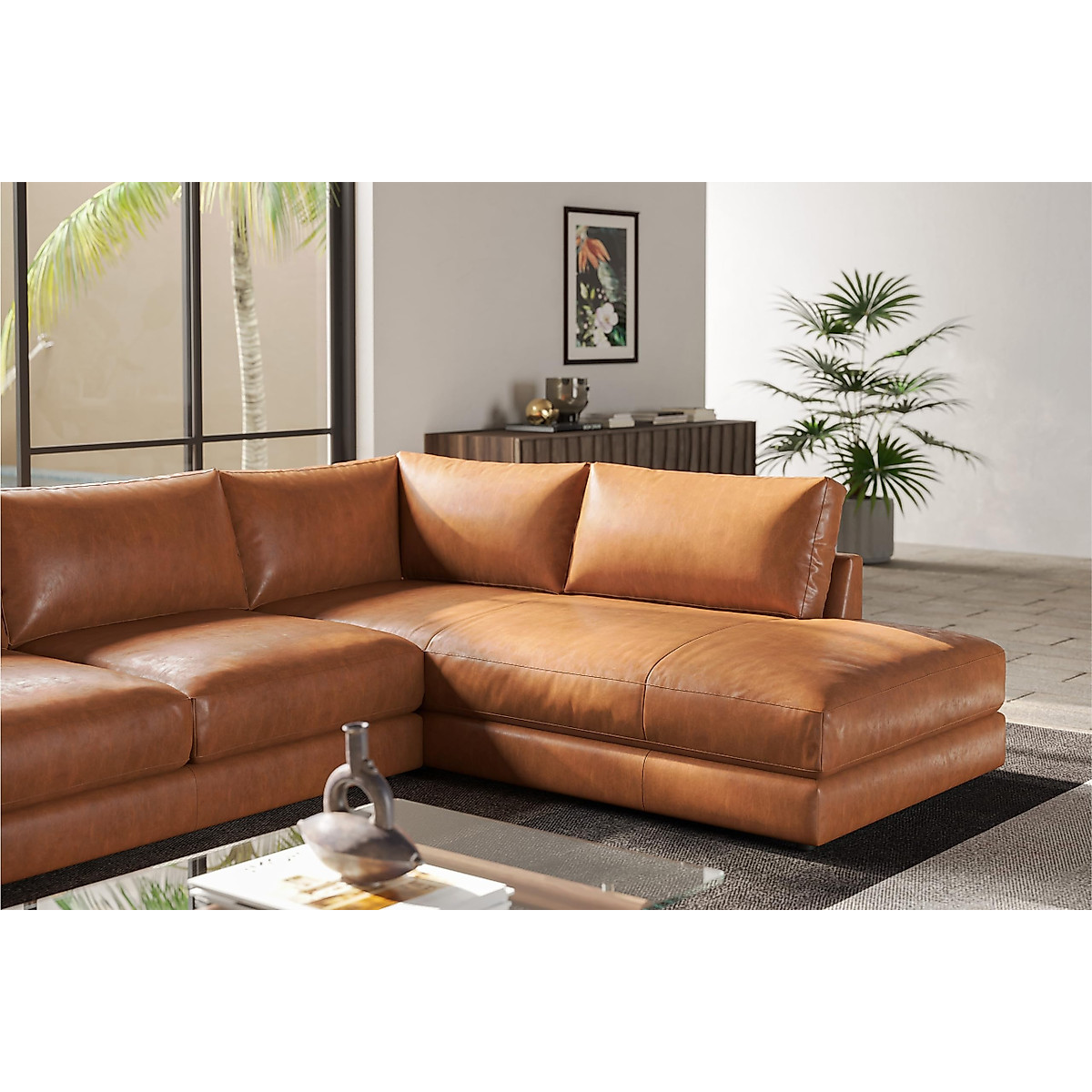 Valencia Serena 108" Cognac Tan Brown Full Leather Sectional Sofa with Right Chaise | Nappa 11000 Leather, Modern Low Profile Lounge Sofa | L Shaped Couch for Living Room Furniture