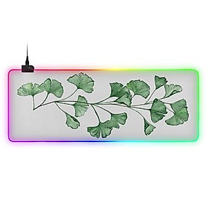 Large RGB Gaming Mouse Pad Ginkgo Biloba Known Ginko Gingko Leaves Glowing Extended Mousepad 35.4x15.7in, Soft Anti-Slip Rubber Base Luminous Mouse Mat for Pc Laptop, Gaming, Office, Home
