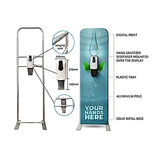 BannerBuzz Hand Sanitizer Automatic Dispenser Floor Stand Kit Touchless Machine with YOUR HANDS HERE Fabric Banner Stand Best for Hospital, Home, School, Office- 2 X 6.5 Ft (Double Side Print, Theme2)