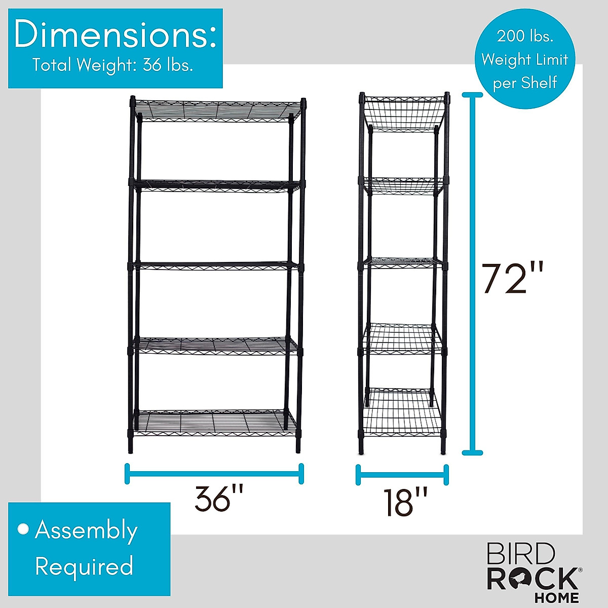 Internet's Best 5-Tier Wire Shelving - Flat Black - Heavy Duty Shelf - Wide Adjustable Rack Unit - Kitchen Storage