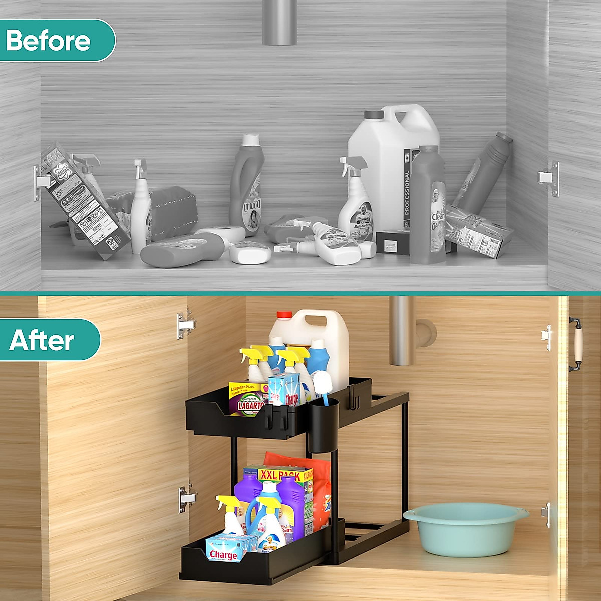 Jincancan Under Sink Organizer - Double Sliding Under Sink Organizers and Storage - 2 Tier Under Cabinet Organizer with 4 Hooks, Hanging Cup, Under Sink Storage for Kitchen