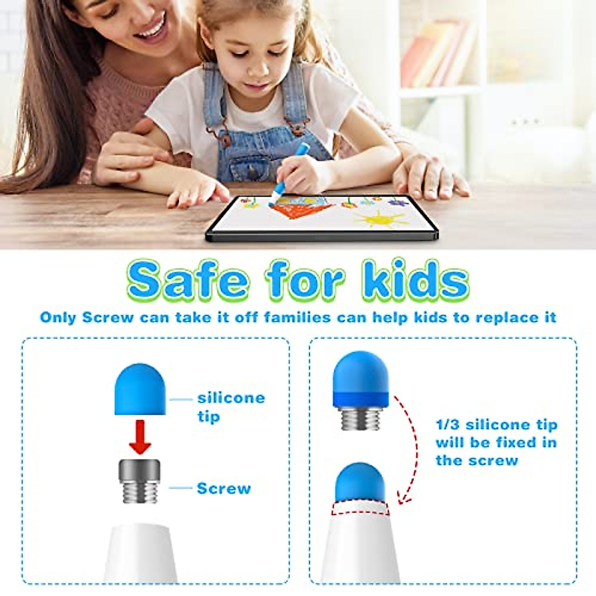 StylusHome Kids Stylus Pens for Touch Screens with 6 Extra Tips, Crayon Stylus Pen for iPhone Ipad Air Mini Pro, Kids Edition Tablet, Dragon Touch, Android Tablet - Blue Pink Green (3 Pack)