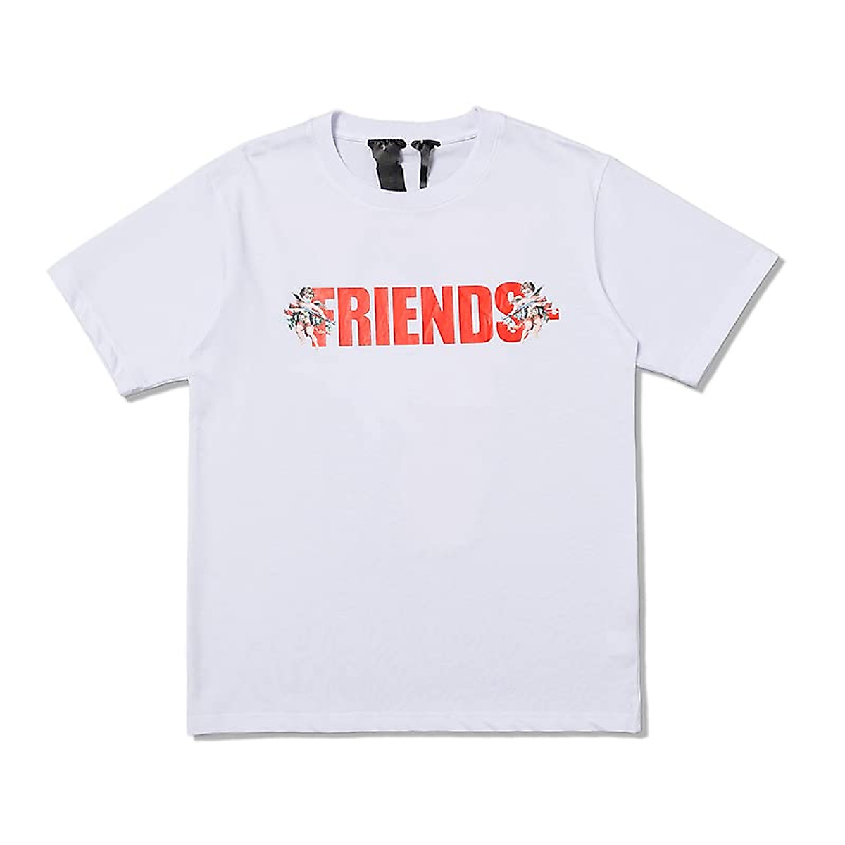 DASWASDUA Men's V-Lone Friends Cupid Gun T-Shirt Hip Hop Big V Letter Print Cotton Fashion Loose Couple Crew Top Whte M