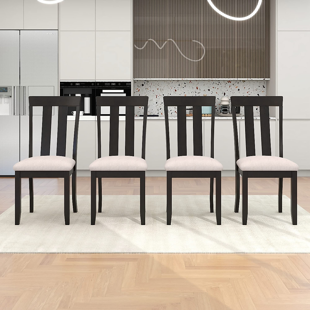 Cutimrke Set of 4 Seat Cushions and Curved Back, Soft Fabric Chairs with Solid Wood Legs for Indoor Dining Room, Restaurant, Kitchen, Veneer Birch Finish (Espresso)