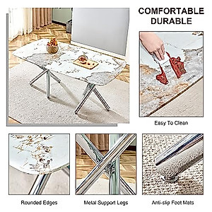 Ginxesh Faux Marble Dining Table for 6-8,71'' Large White Imitation Marble Dining Table with Double Sliver Metal Bases and Oval Corner,Modern Glass Table for Dining Room,Living Room,Kitchen,Office