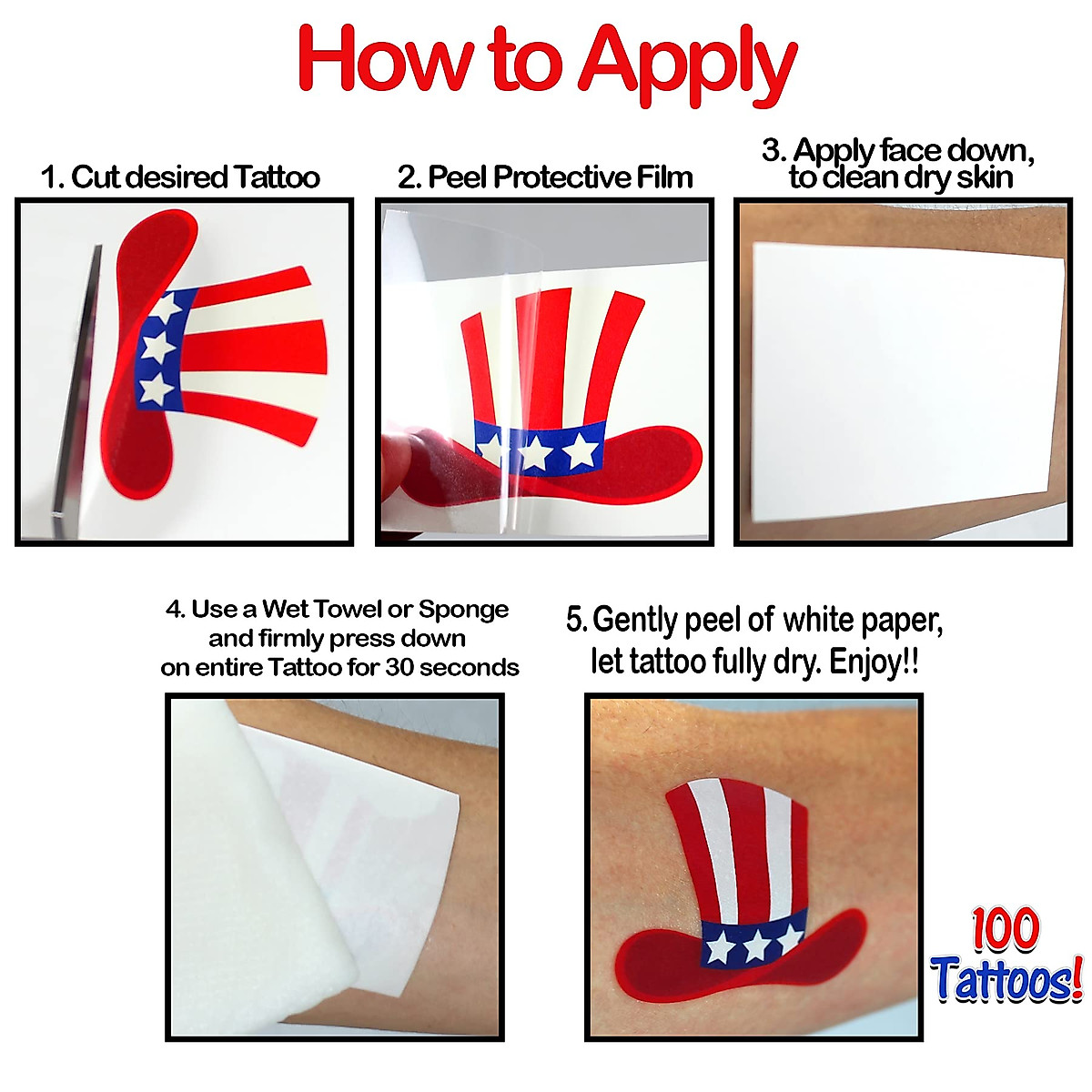 4th of July Temporary Tattoos | 100 USA Temporary Tattoos | American Flag, USA, Temporary Tattoos | 4th of July Party Props | USA Game Day Party Decoration | American theme Party Favors | by Anapoliz