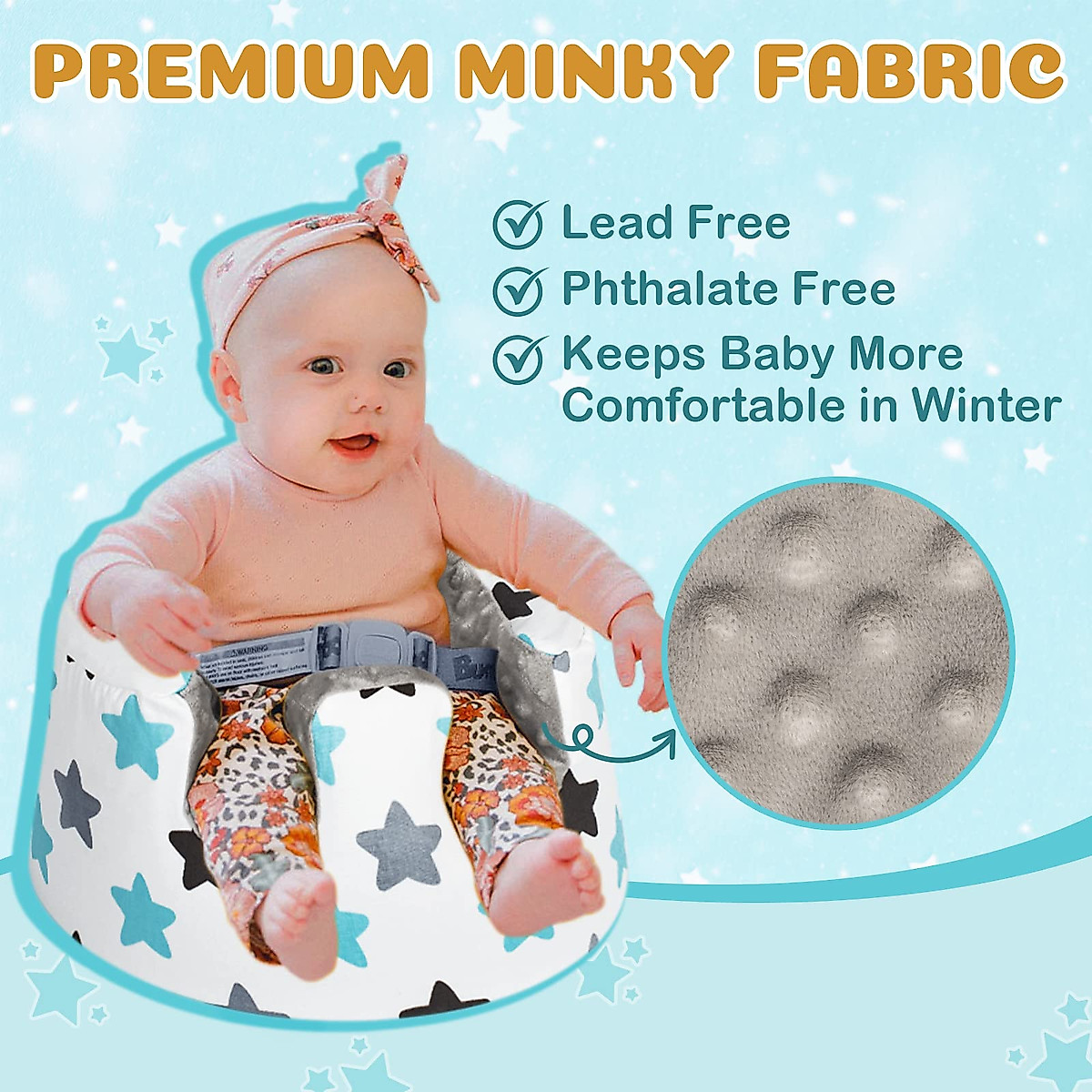 Solfres Seat Cover, Compatible with Bumbo Seat (Original), Ultra Soft and Cozy Fabric Seat Cover, Washable Bumbo Seat Protector, Blue Gray Star