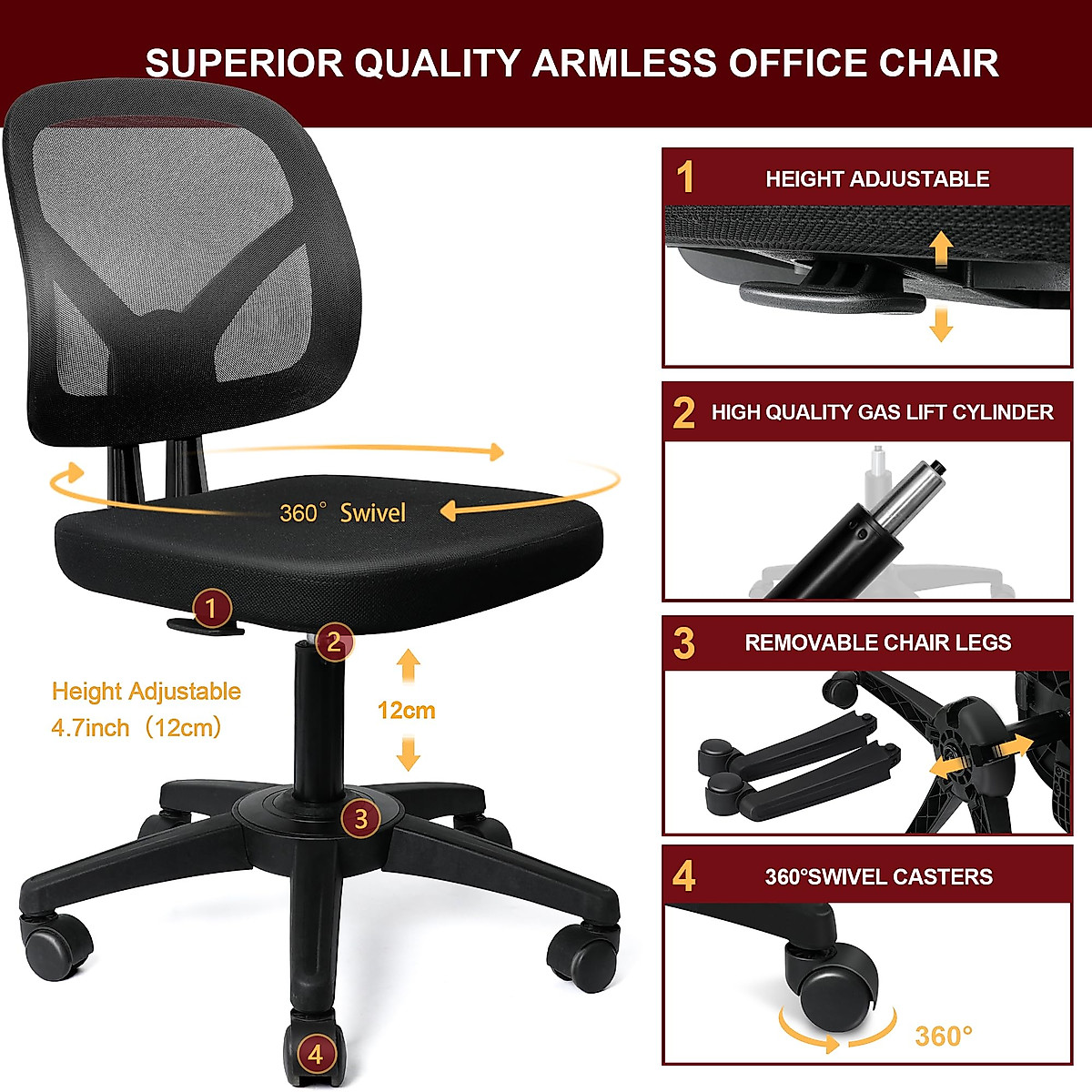 V&LX Armless Swivel Mesh Office Chair Height Adjustable with Lumber Support for Small Spaces, Black