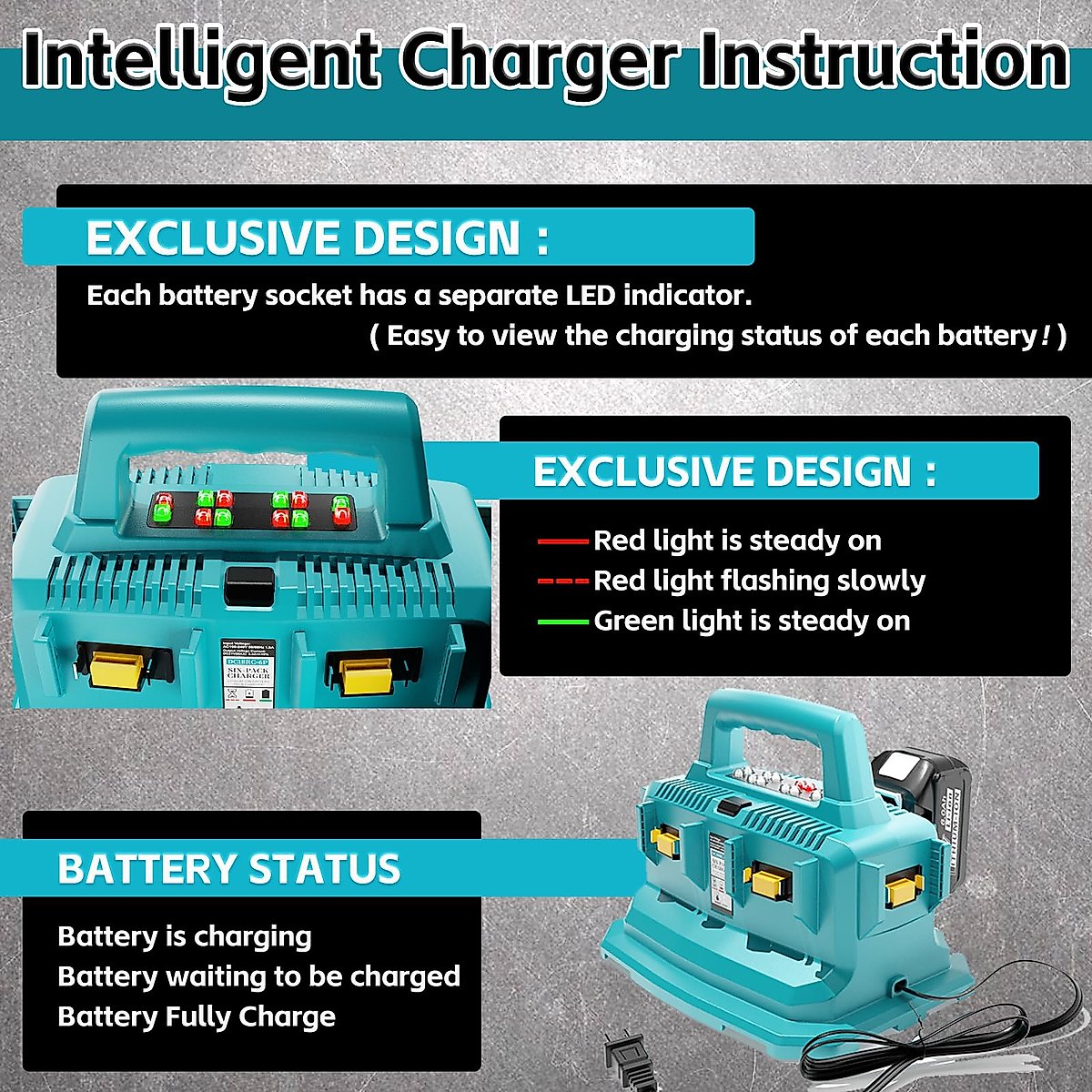 【Charge Choose Button & Wall Hole】 Replacement 6 Port Charger for Makita 18V Six Port Lithium-Ion Charger Fast Charge with Power Button,6 LED Indicators