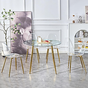 Gold Round Glass Dining Table Set for 4, Modern Kitchen Table and Chairs Set of 4, A Circle Small Round Dining Room Table and Clear Acrylic Chairs juego de comedor de 4 sillas y mesa