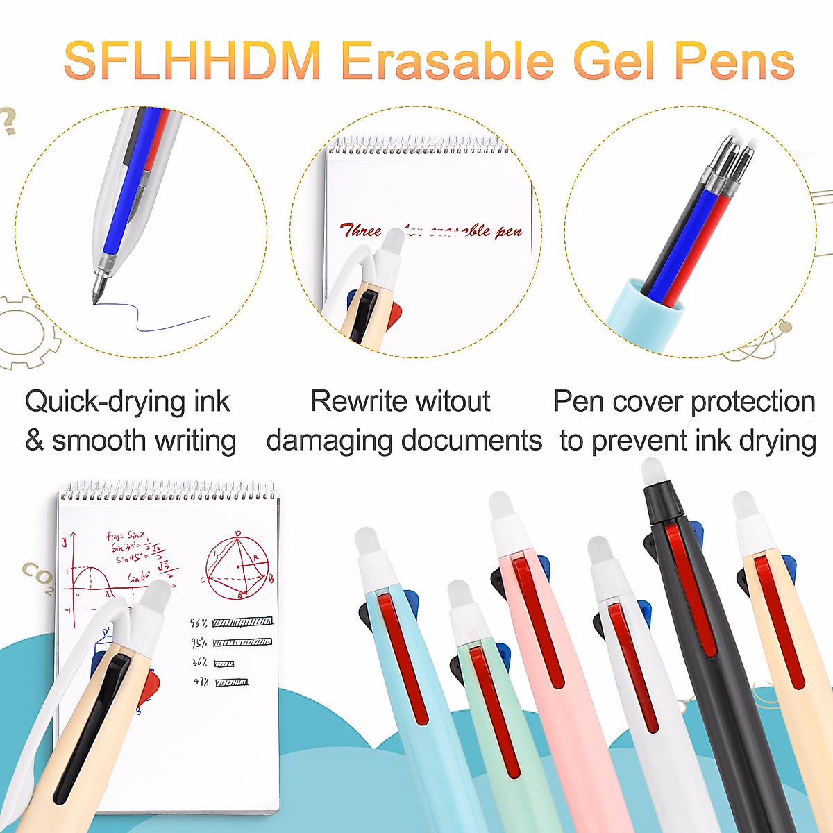 6 PCS 3-in-1 Multicolor Erasable Gel Pens, Erasable Multicolor Ballpoint Pen for Make Mistakes Disappear,0.5mm Ink Gel Pens Quick-drying Rolling Ball Pens with Eraser,3-Color Retractable Erasable Pens