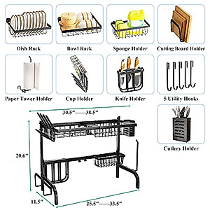 Parosan Dish Drying Rack Over Sink Adjustable (25.5"-33.5"), 2 Tier Iron Expandable Dish Rack Drainer with 5 Utility Hooks, Kitchen Counter Organizer Storage Space Saver Shelf (Black)