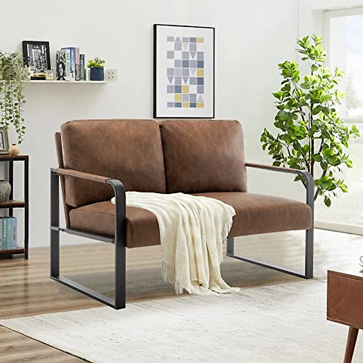 HAOBO HOME Loveseat Couch Bench Settee for Living Room, Upholstered Small Sofa Couch PU Leather Banquette Lounge Bench for Dining Room Bedroom Funiture-Brown