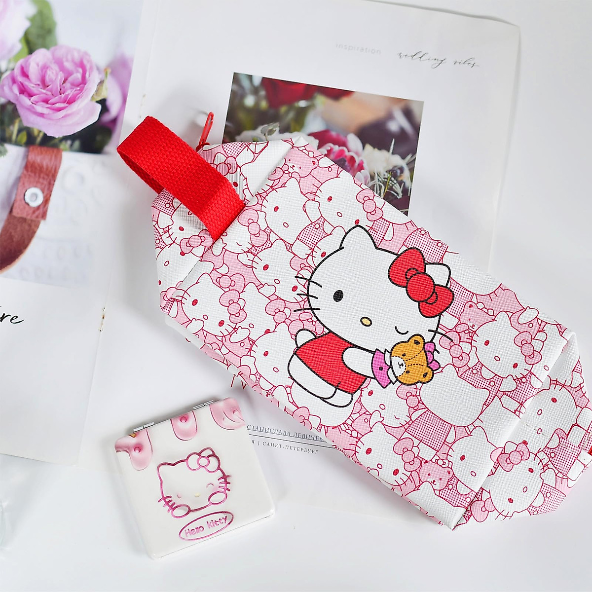 ENENSET kitty Travel Cosmetic Bag, Large Capacity Cartoon Cosmetic Pouch Makeup Bag with Zipper, PU Travel Toiletry Bag Makeup Accessories Organizer, Foldable Storage Bag Makeup Pouch for Girls