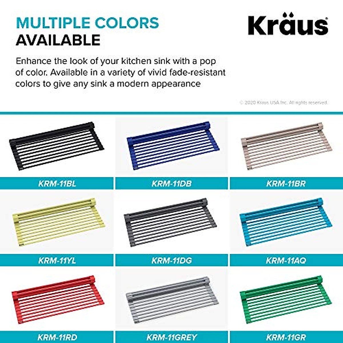 Kraus KRM-11AQ Kore Multipurpose Over-Sink Roll-Up Dish Drying Rack, Colander and Trivet, Aqua