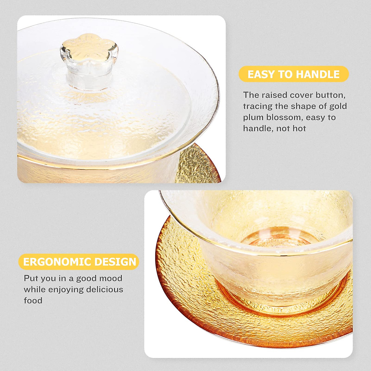 Happyyami Crystal Gaiwan Chinese Japanese Glass Gaiwan Traditional Tea Cup Comprised of Cup and Saucer Lid Tureen for Kung Fu Tea Accessories