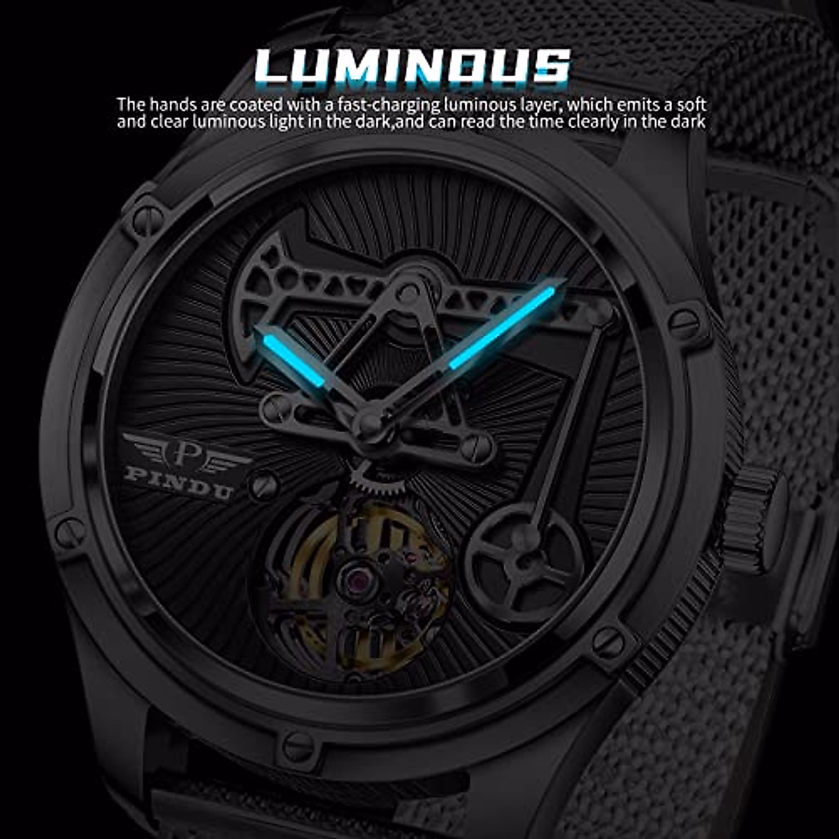 PINDU Automatic Watches for Men, Self-Designed and Modified 8215 Movement Oil Well Digging Design 50M Waterproof Analogue Watches Mens Unique Cool Mechanical Watch (Black Dial Silver Mesh Strap)
