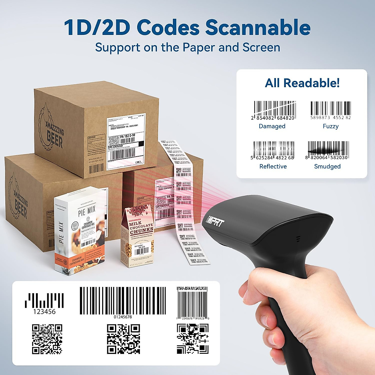 iDPRT Bluetooth 1D 2D QR Barcode Scanner, Wireless Barcode Scanner, Handheld UPC EAN Label Screen Reader with Dongle, Android Windows, USB Wired, Rechargeable for Retails Supermarket Warehouse Library