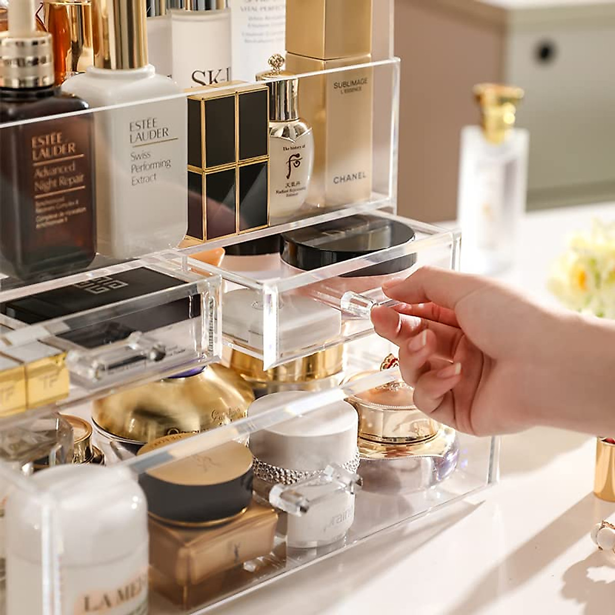 Large Acrylic Makeup Organizer With Lid Cosmetic Storage Drawers Portable Makeup Organizers Dustproof And Waterproof Box For Women (Gold/Clear, 11.8inx 14in x 7in)