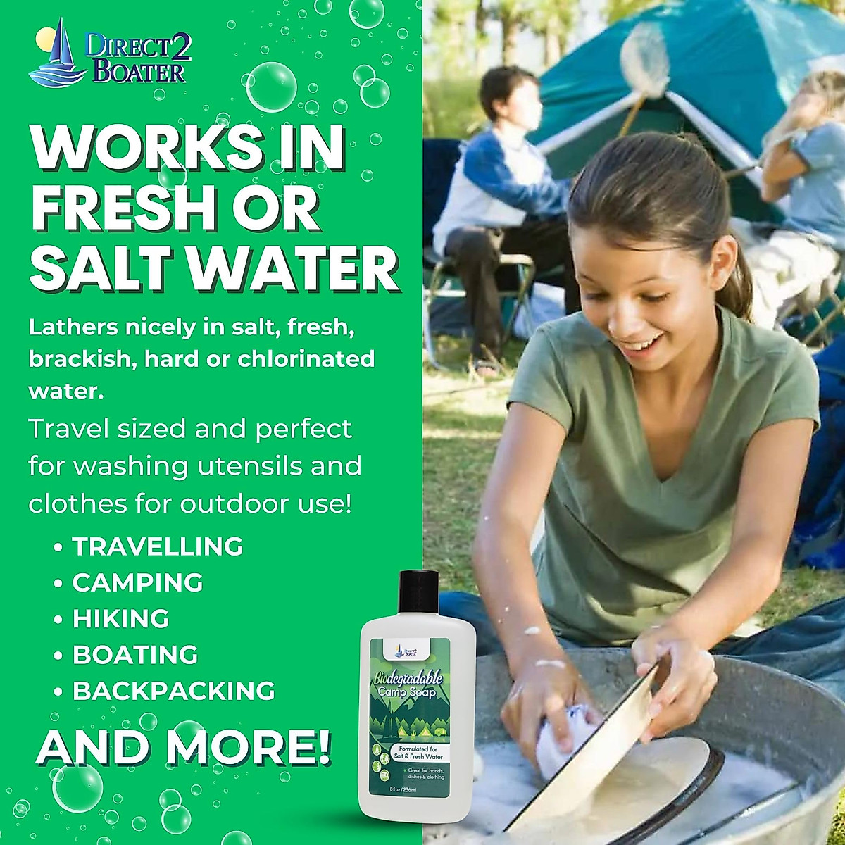 Biodegradable Camping Soap - 8 Ounce Unscented All Purpose Camping Soap Containing No Dyes or Fragrances - Formulated Camping Hand Soap and Backpack Soap - Camp Wash and Outdoor Soap for RVs and Camps