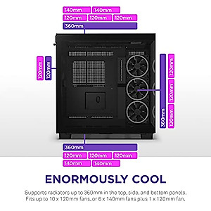NZXT H9 Mid-Tower Gaming PC Case - 3 RGB Fans, Glass Panels, 360mm Radiator Support, Cable Management - Black