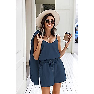 Zeagoo Womens 3 Piece Linen Set Button Down Blouse V Neck Tank Tops High Waisted Cotton Shorts Elastic Waistband